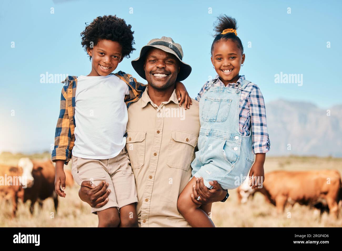 Portrait, father and children on animal farm outdoor with cattle ...