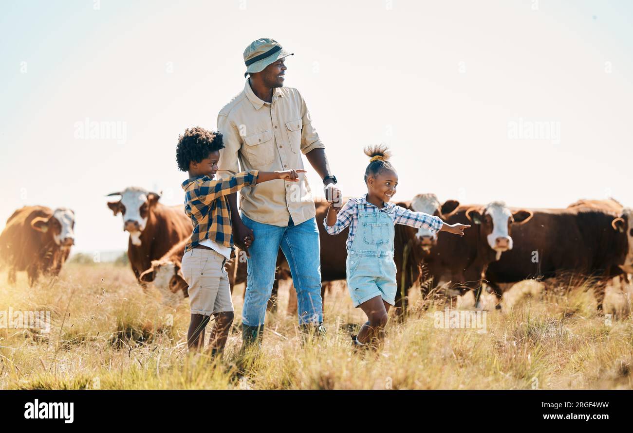 Family farm, father and children with animals outdoor for cattle ...