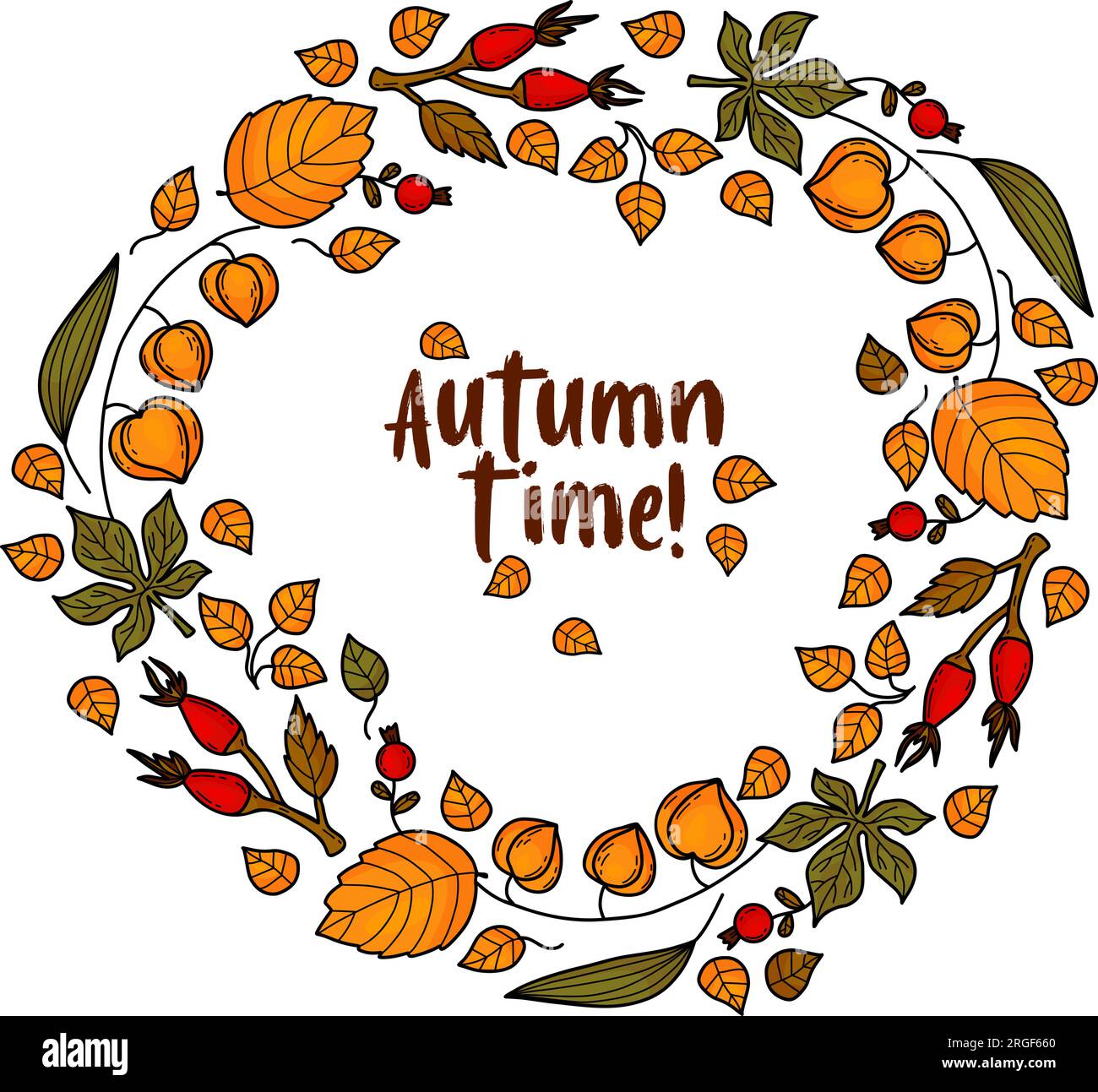 Hello, Autumn. Autumn round vignette frame. Wreath of berries, wild ...