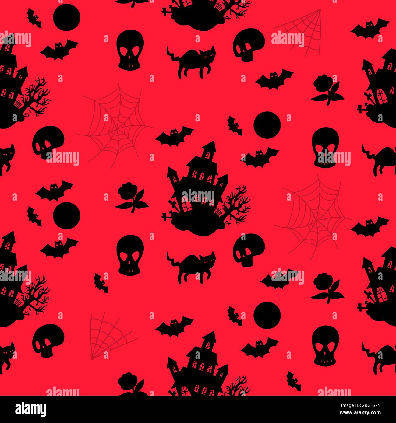 Halloween Seamless pattern with spooky house on red background with ...