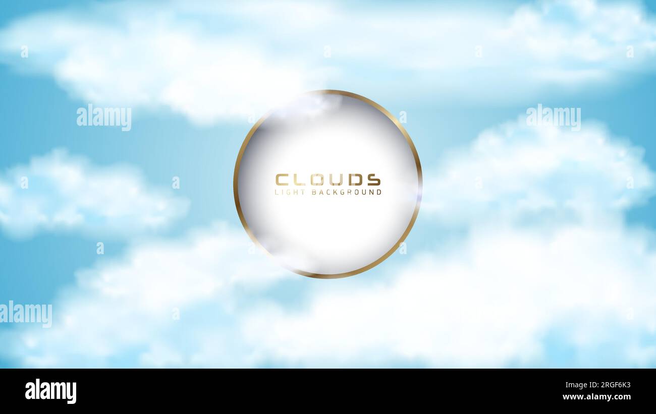 White clouds blue sky vector background with golden round frame and ...