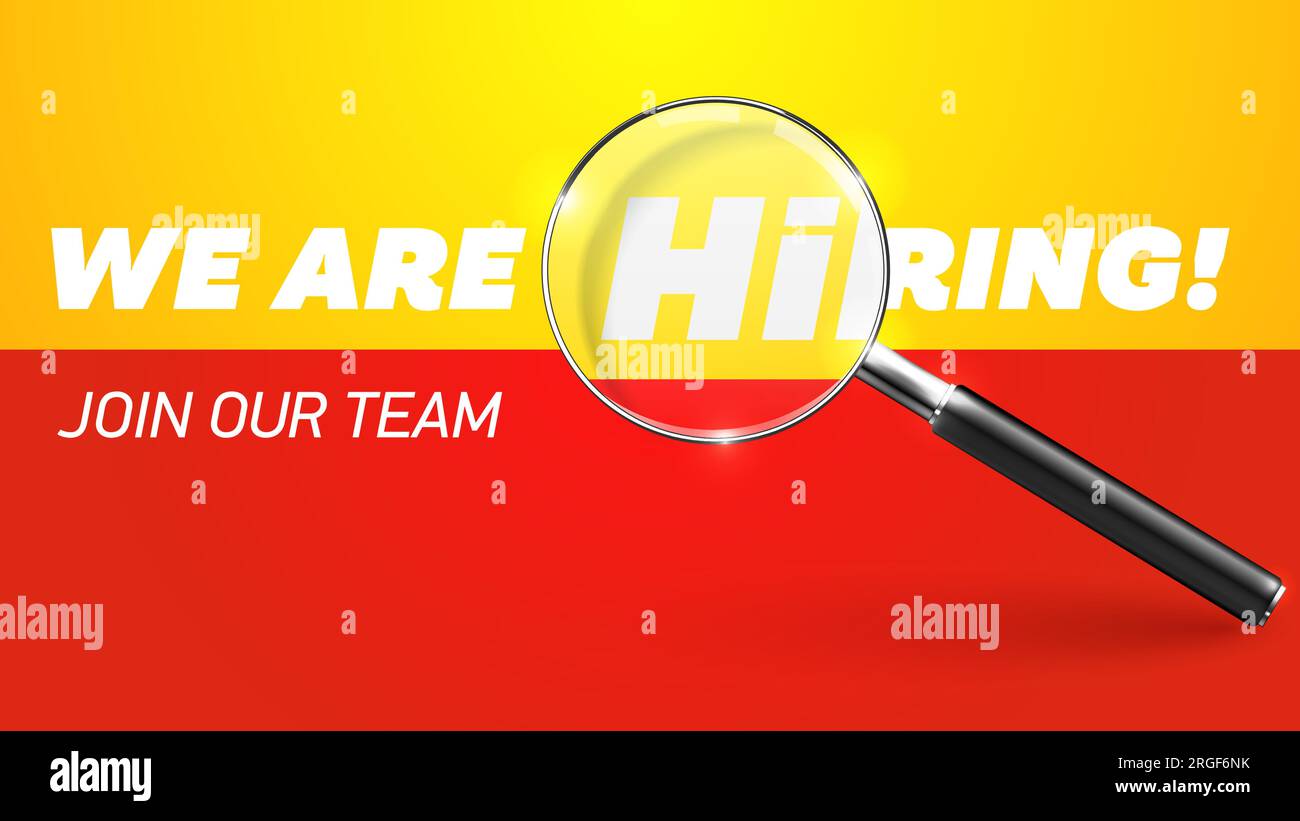 We are hring banner with magnifying glass, minimal yellow red job vacancy vector background for ...