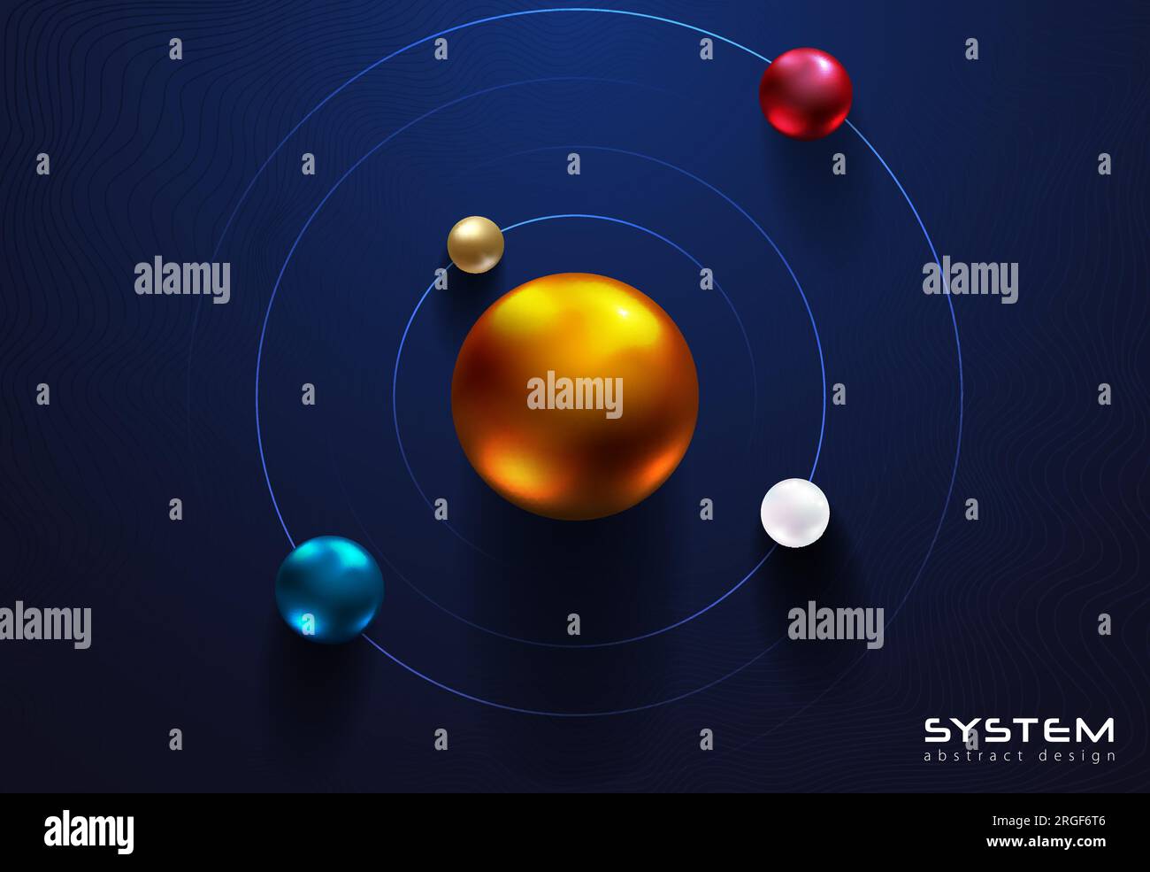 Shiny metallic spheres orbit around center ball on dark blue background ...