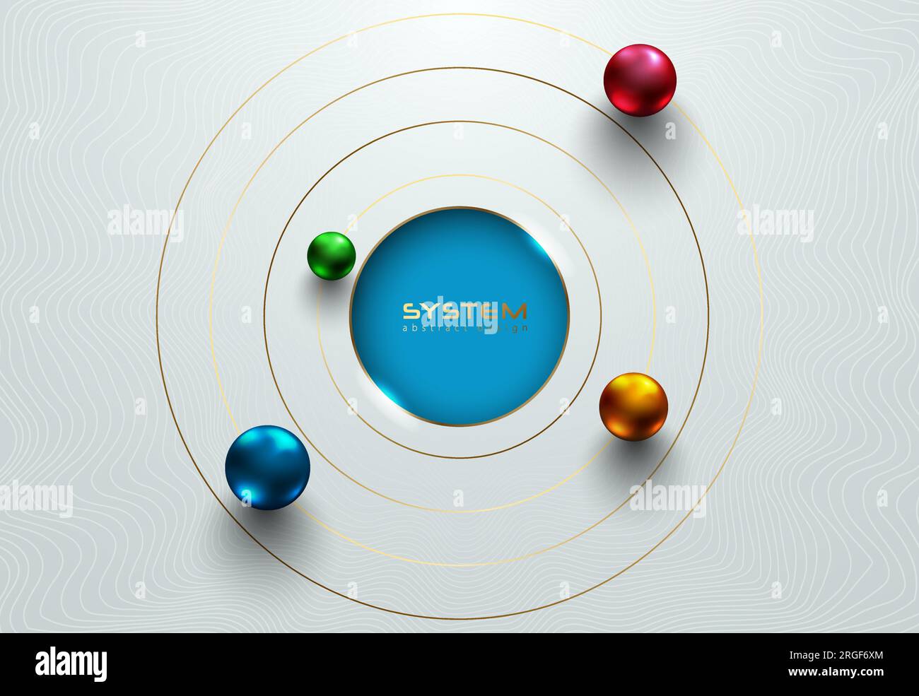 Shiny metallic spheres orbit around cut blue center frame on white ...