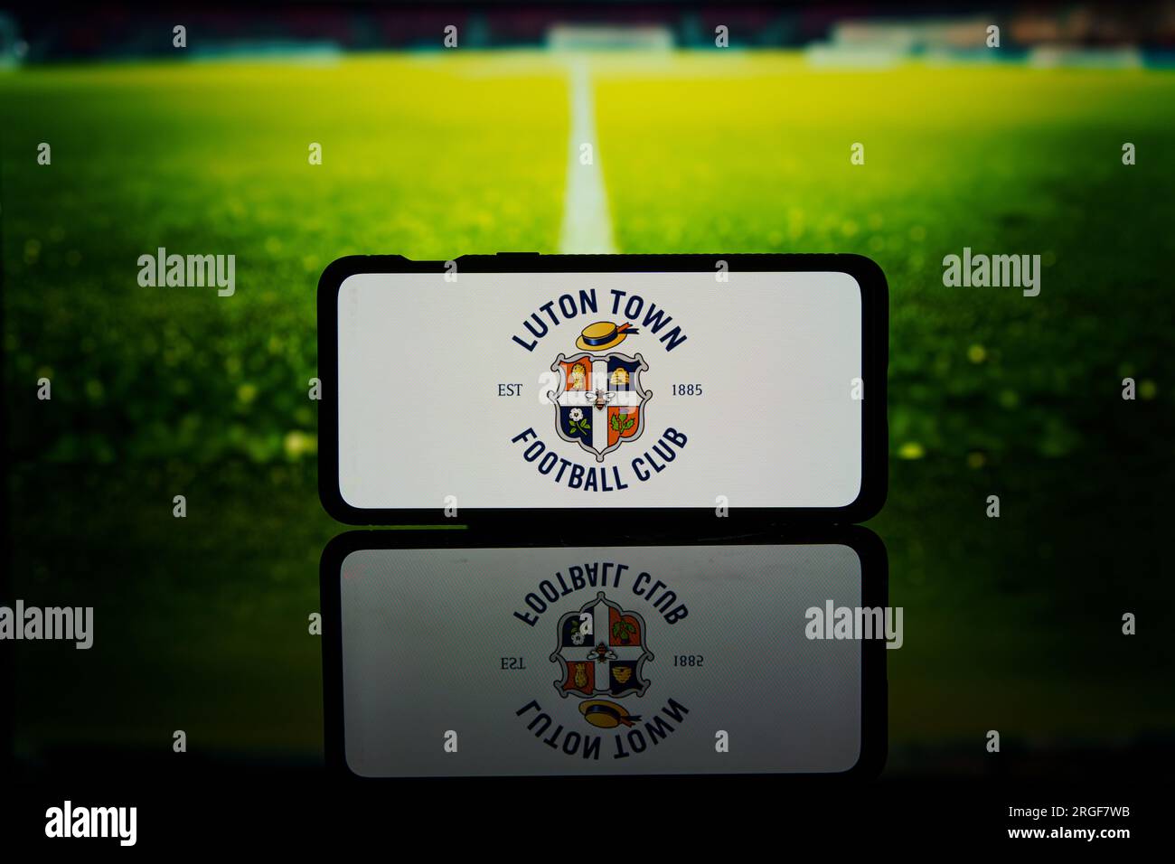 Logo of English Premier League championship club Luton FC on screen ...