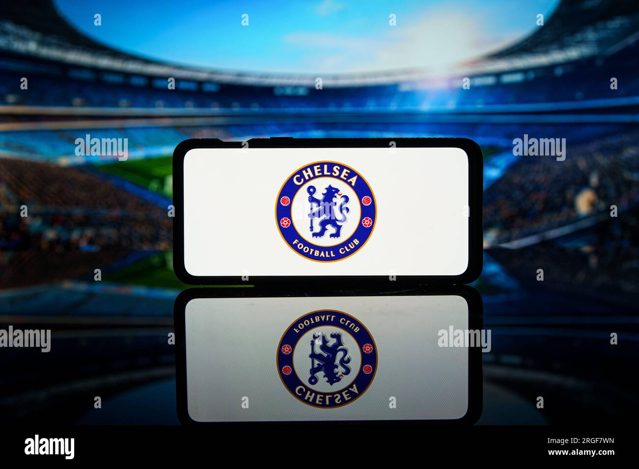 Logo of English Premier League championship club Chelsea on screen ...