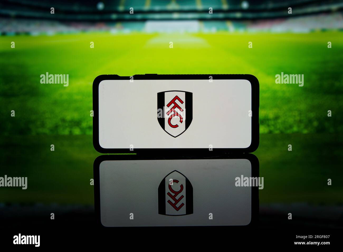 Logo of English Premier League championship club Fulham on screen Stock ...