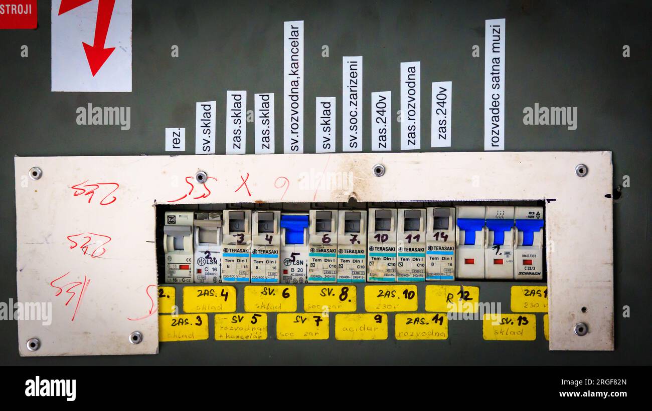 Electrical switchboard with circuit breakers. (CTK Photo/Petr Sznapka ...