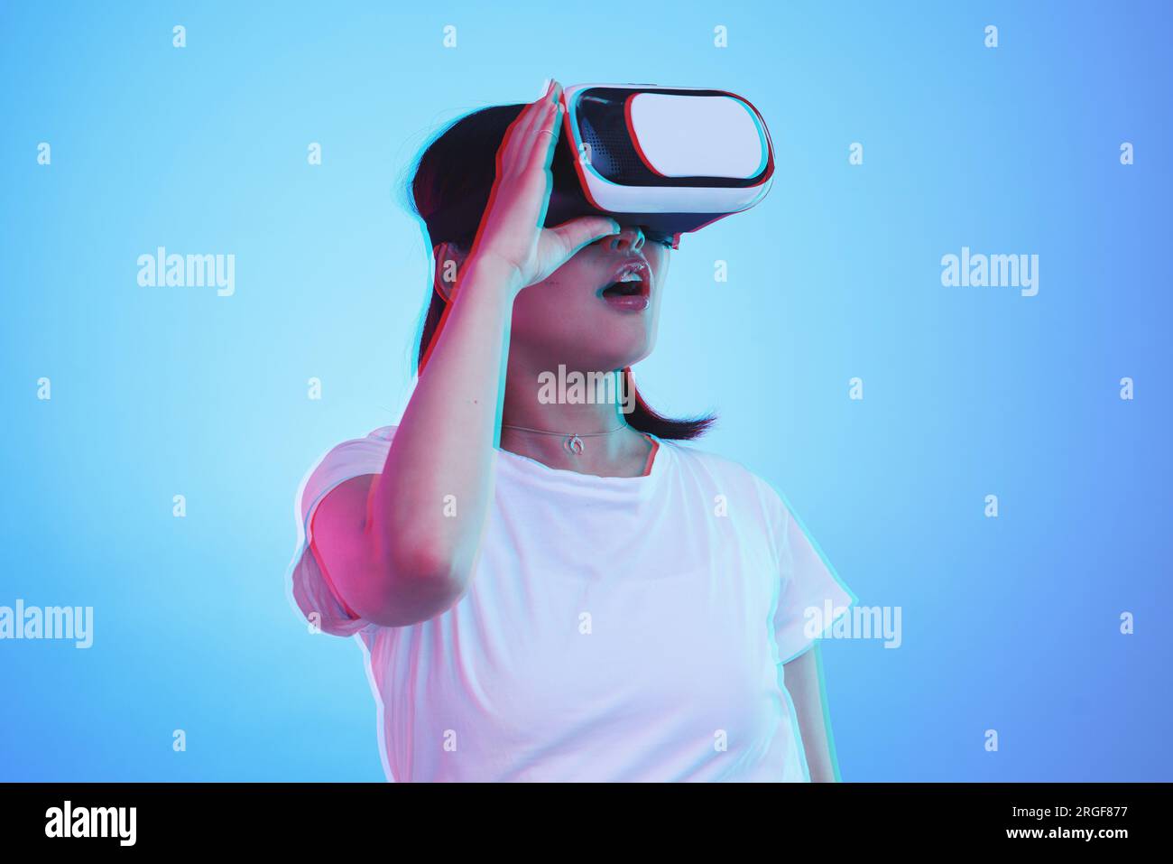 Woman, VR and vision with wow for futuristic experience, 3d games and ...