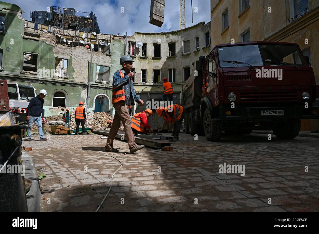 LVIV, UKRAINE - AUGUST 8, 2023 - Construction workers carry out ...