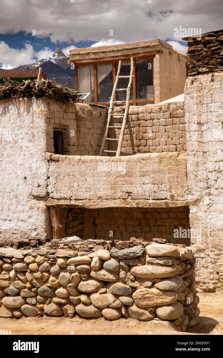 India, Ladakh, Zanskar, Padum, Pibiting village, ladder to house roof ...