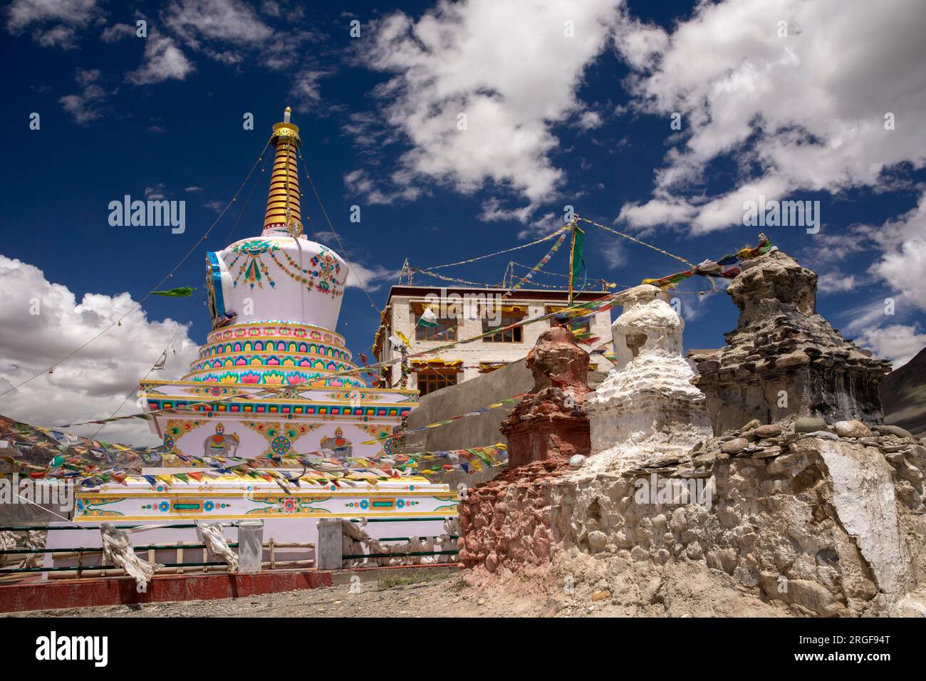 India, Ladakh, Zanskar, Padum, Pibiting monastery, prayer flags at ...