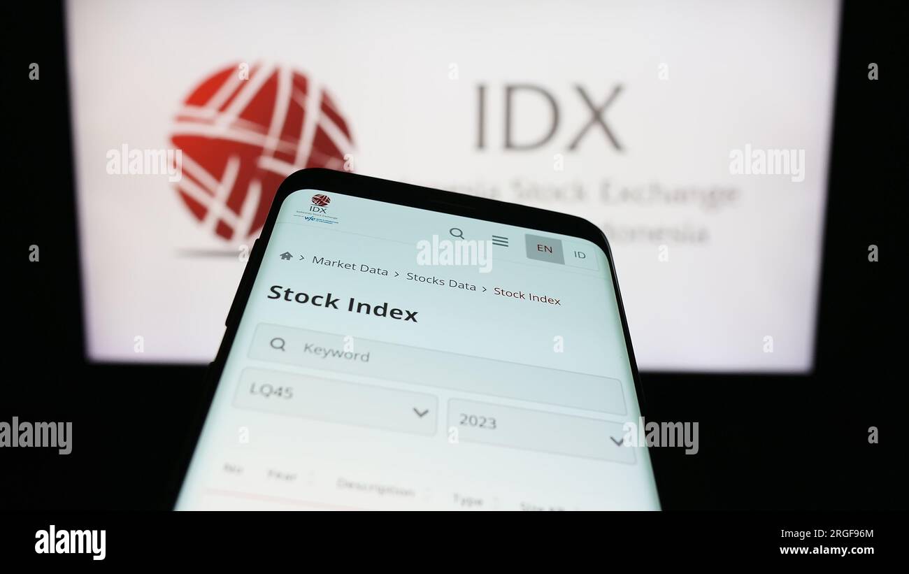 Mobile phone with webpage of financial market Indonesia Stock Exchange ...