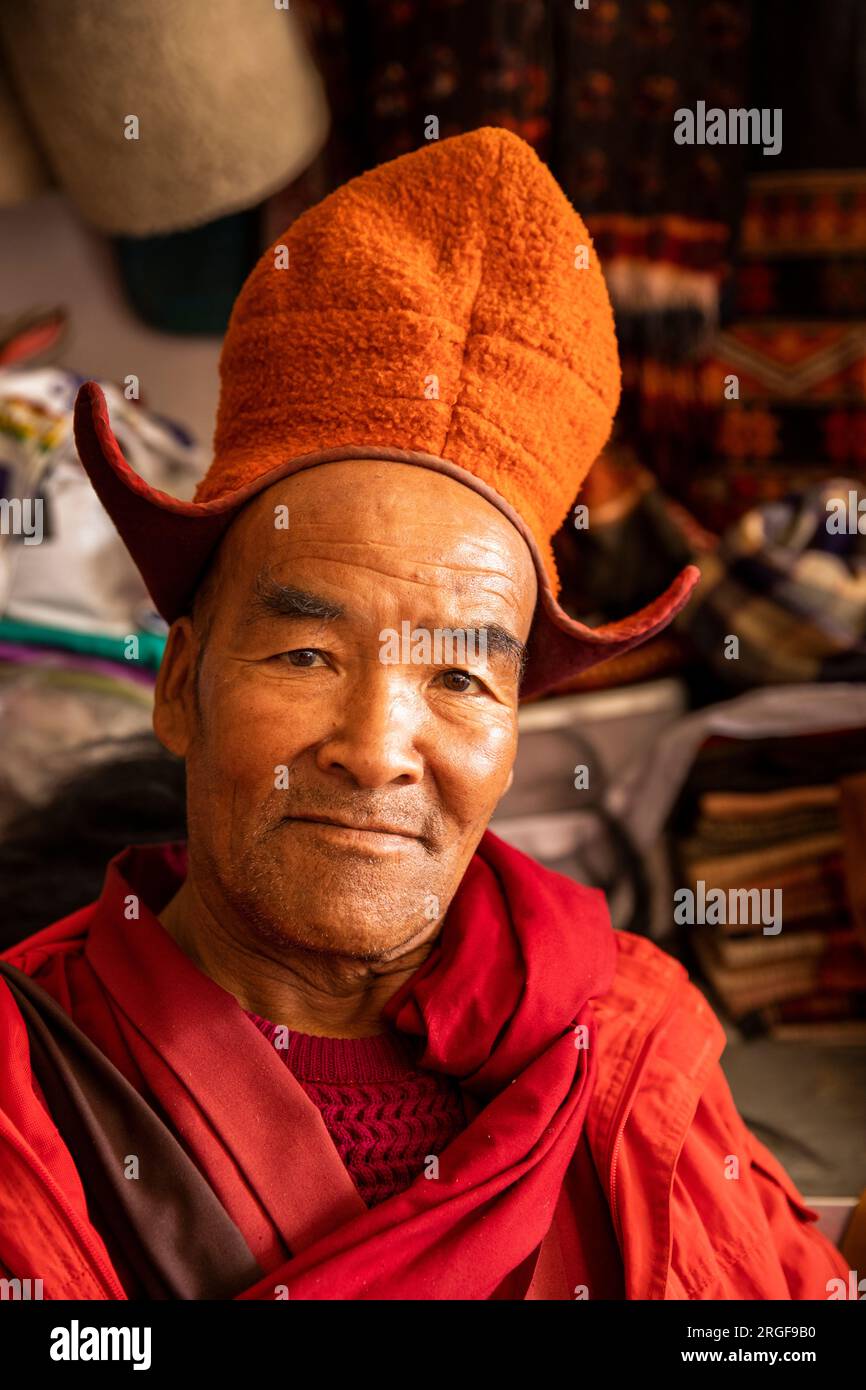 India, Ladakh, Zanskar, Padum, Buddhist monk, wearing Nyingma sect red ...