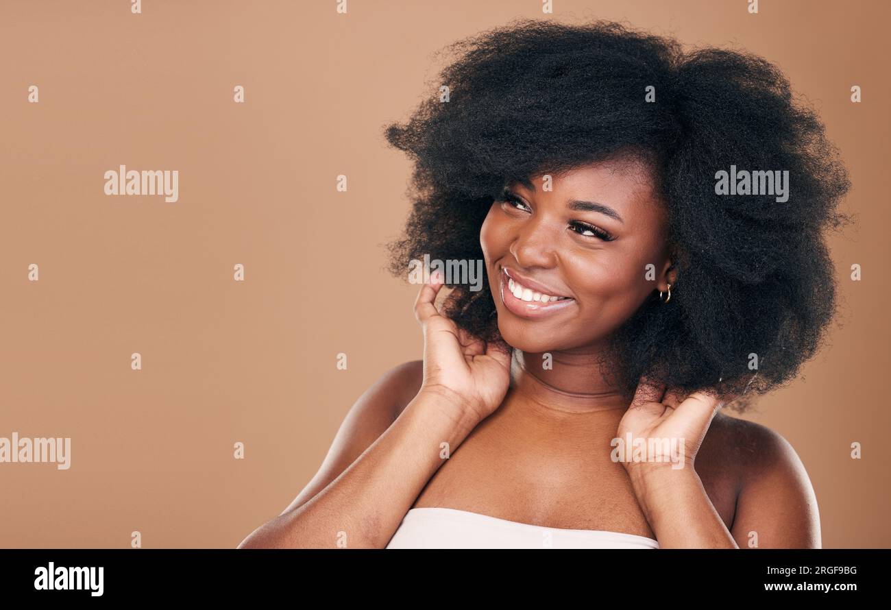 Thinking, black woman and hair care for afro, growth and natural beauty ...