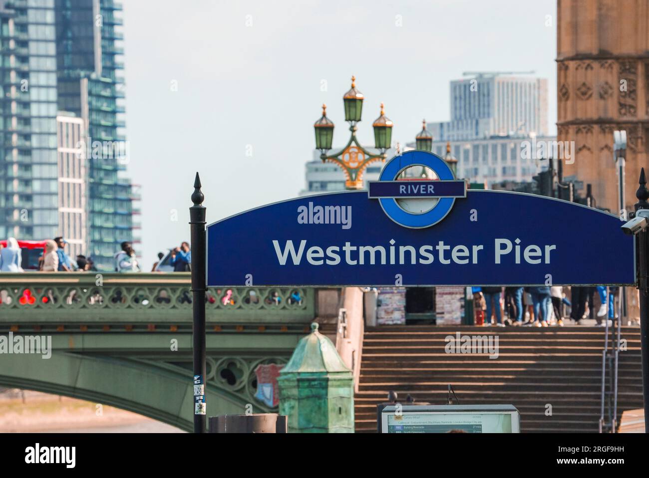 Westminster pier sign in capital city with sky in background Stock ...