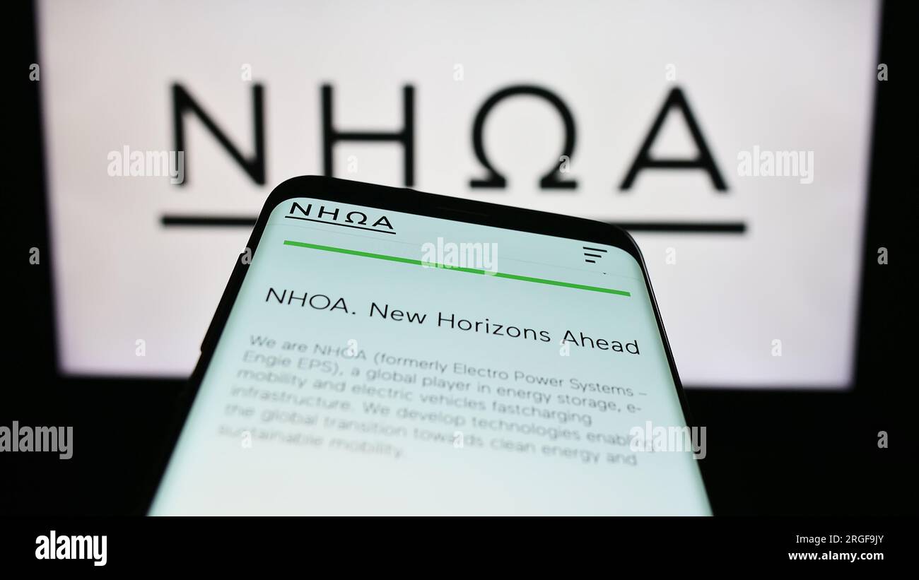 Smartphone with website of French energy technology company NHOA S.A ...