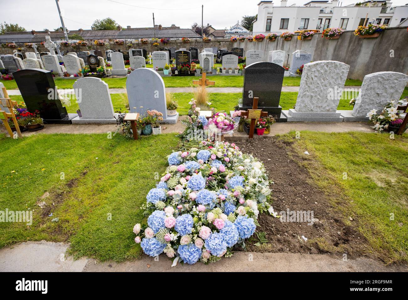 Flowers at the grave of Sinead O'Connor in The Garden section of Deansgrange Cemetery, Dublin ...