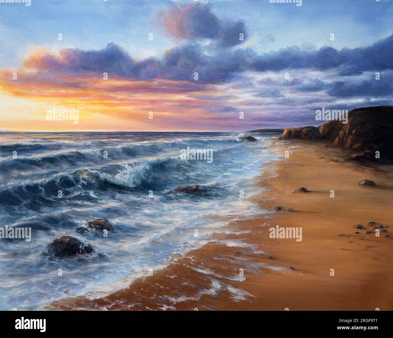 Original oil painting of beautiful golden sunset over ocean beach on ...