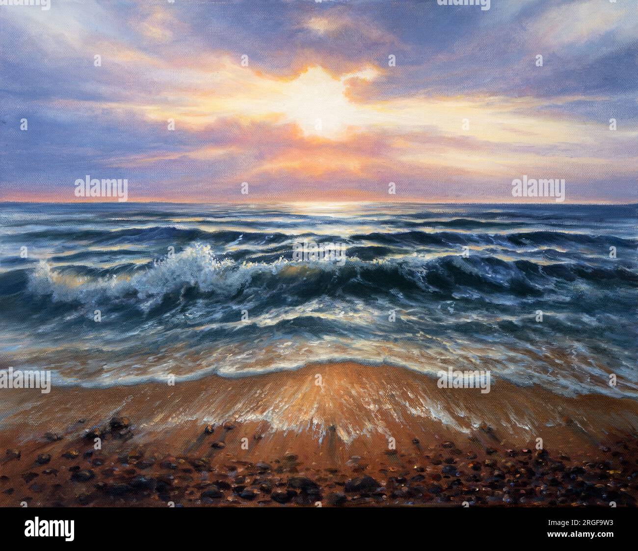 Original oil painting of beautiful golden sunset over ocean beach on ...