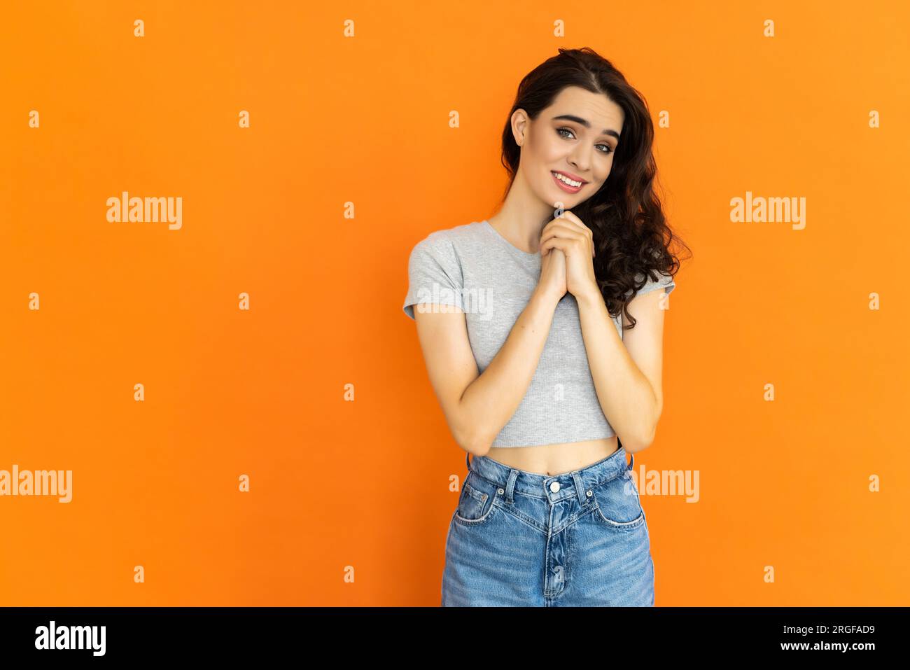 Praying woman looking up joining hands, religious help, making wish ...