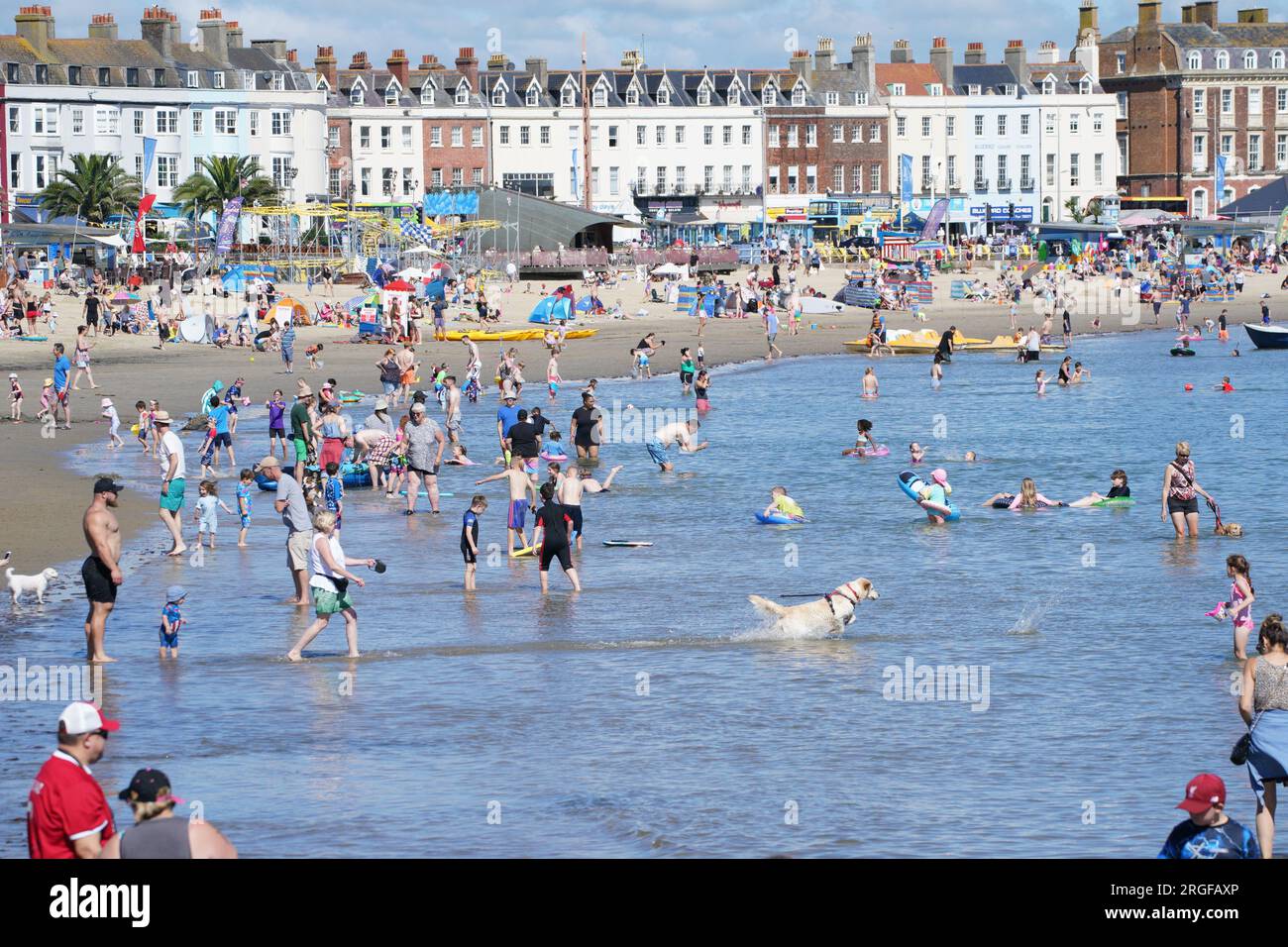 Beachgoers on Weymouth beach in Dorset as temperatures rise Stock Photo ...