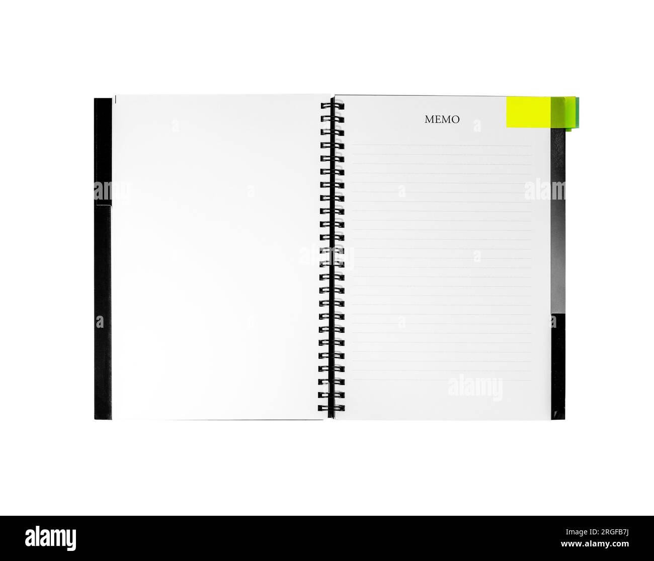Opened spiral notebook with yellow page marker note isolated on white ...