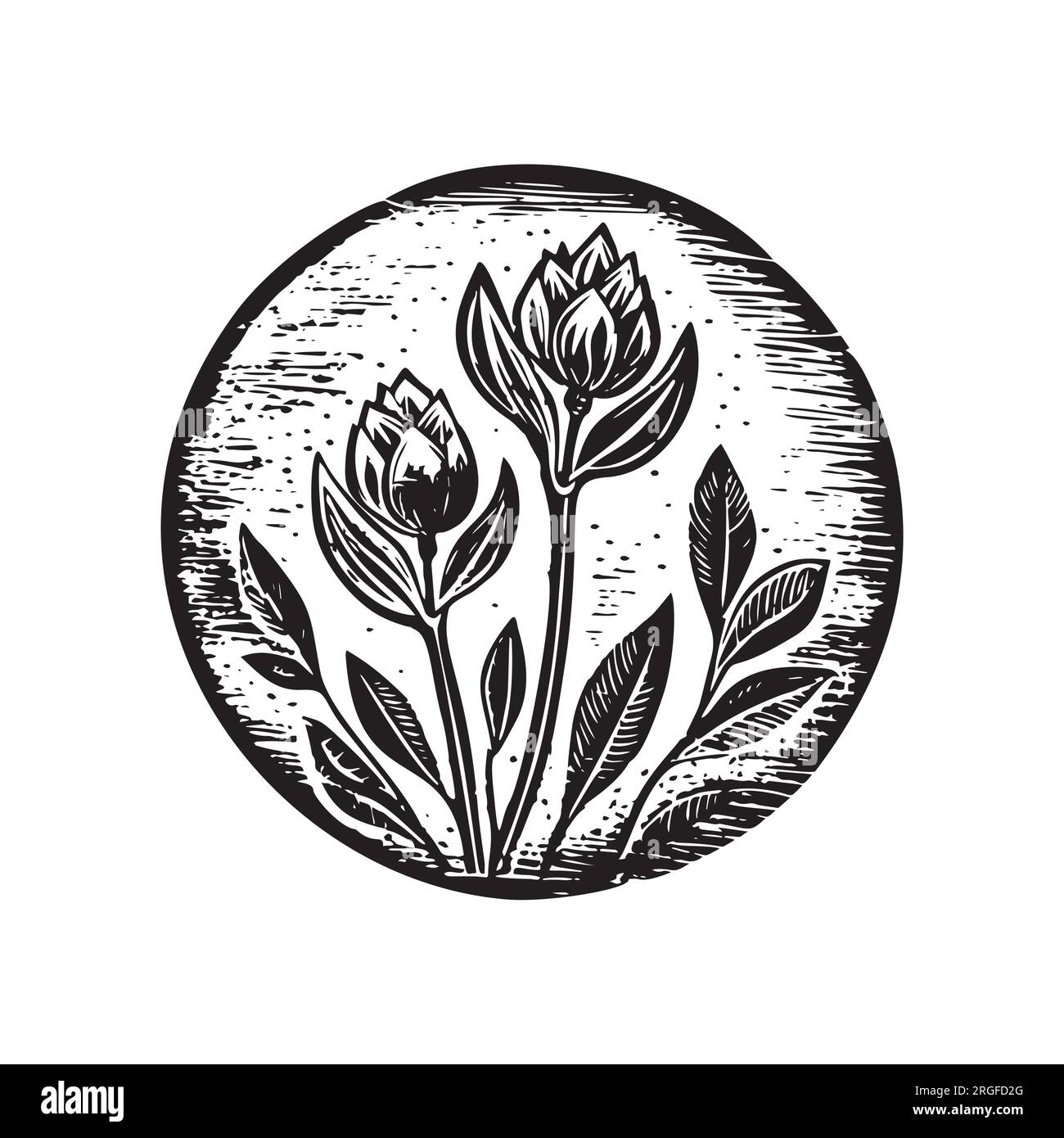 Nordic linocut floral in rustic circle motif for quirky print. Hand ...