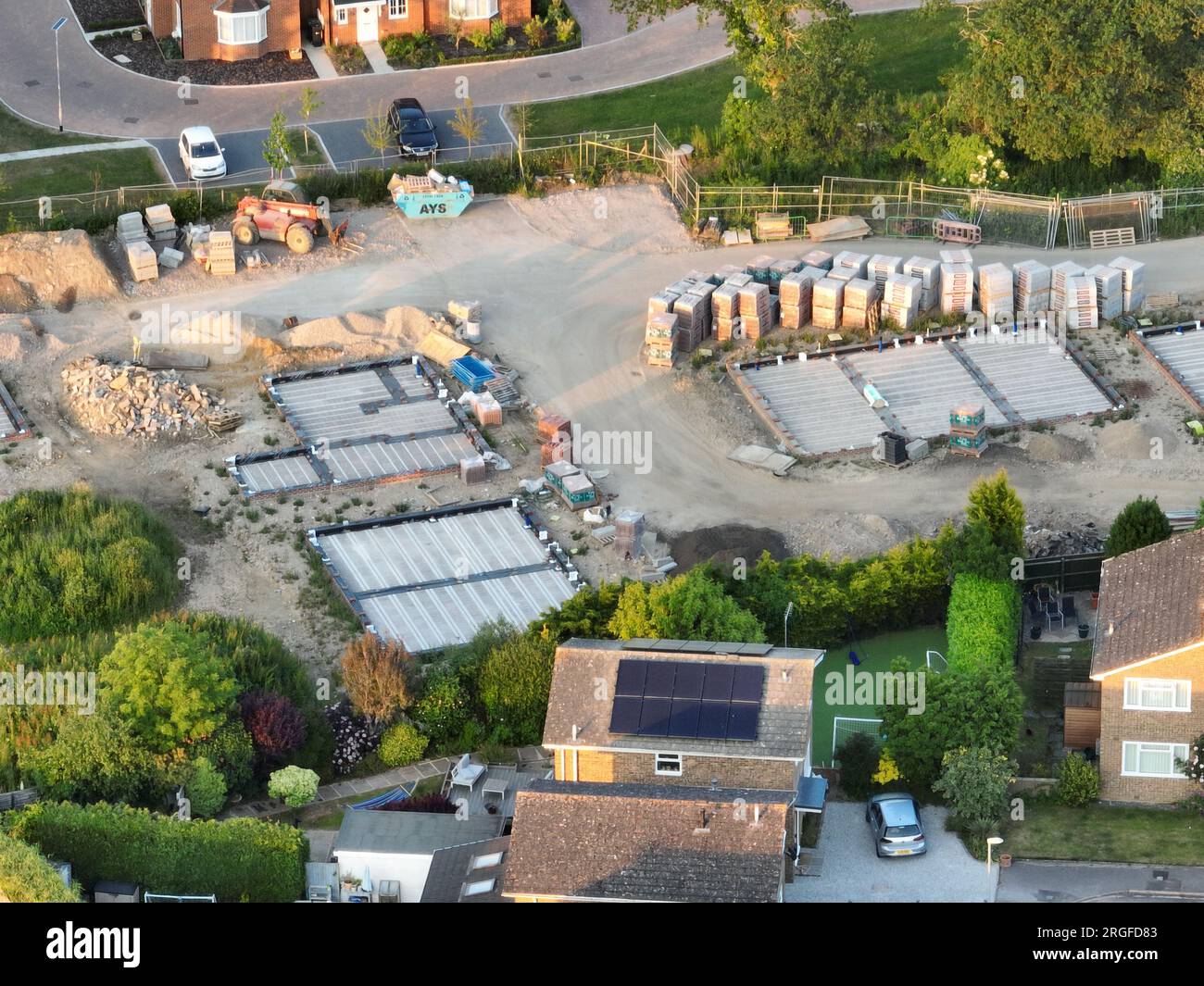 Aerial view looking on an area of new build housing construction on the ...