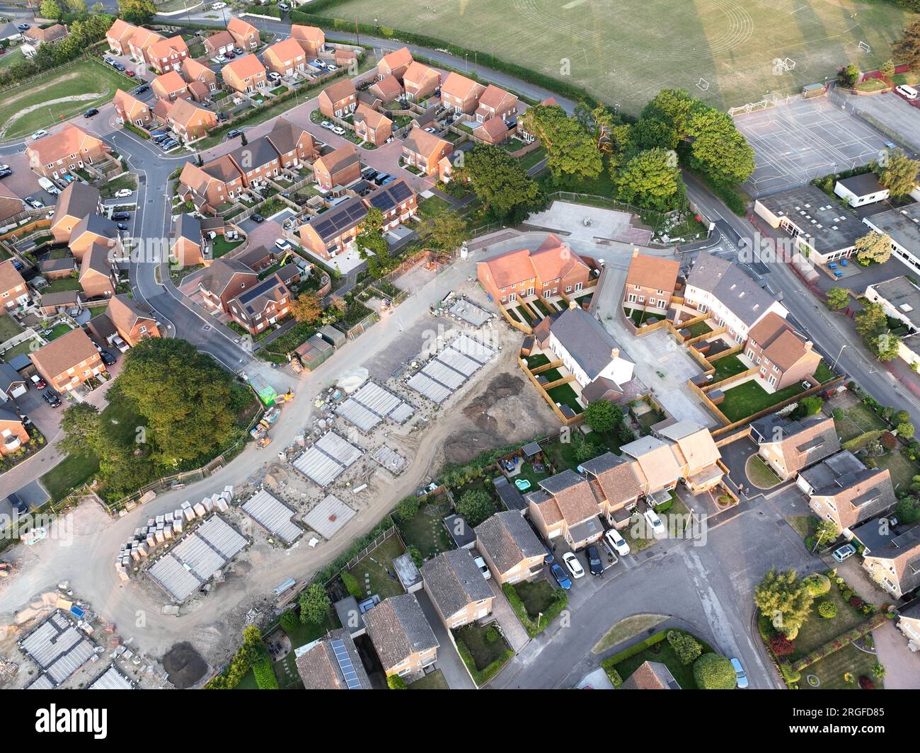Aerial view looking on an area of new build housing construction on the ...