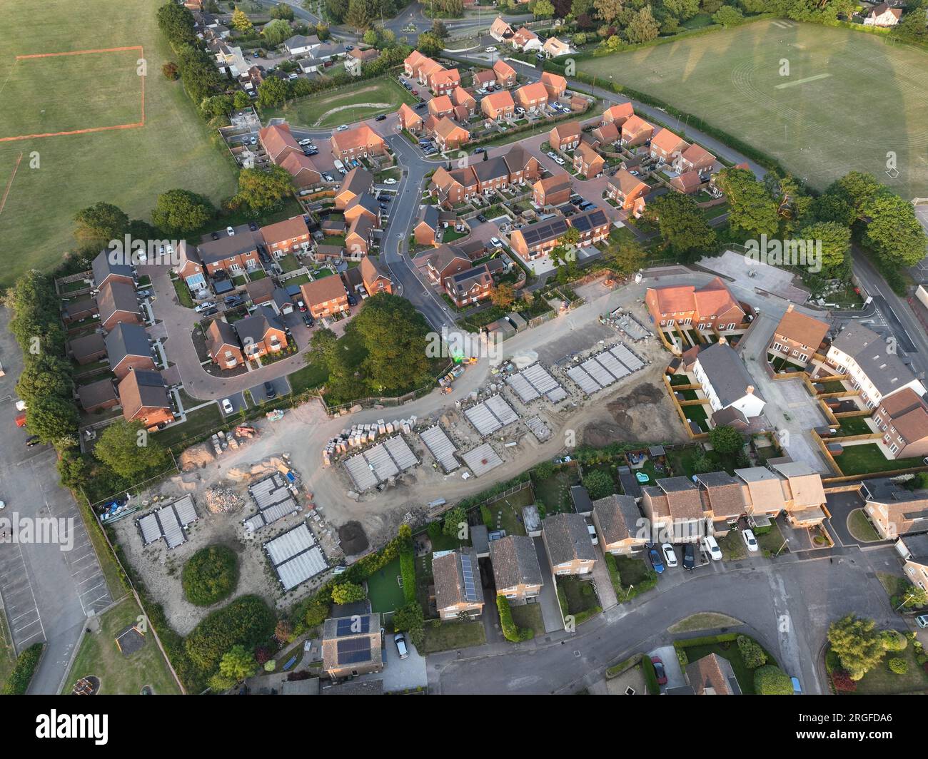 Aerial view looking on an area of new build housing construction on the ...