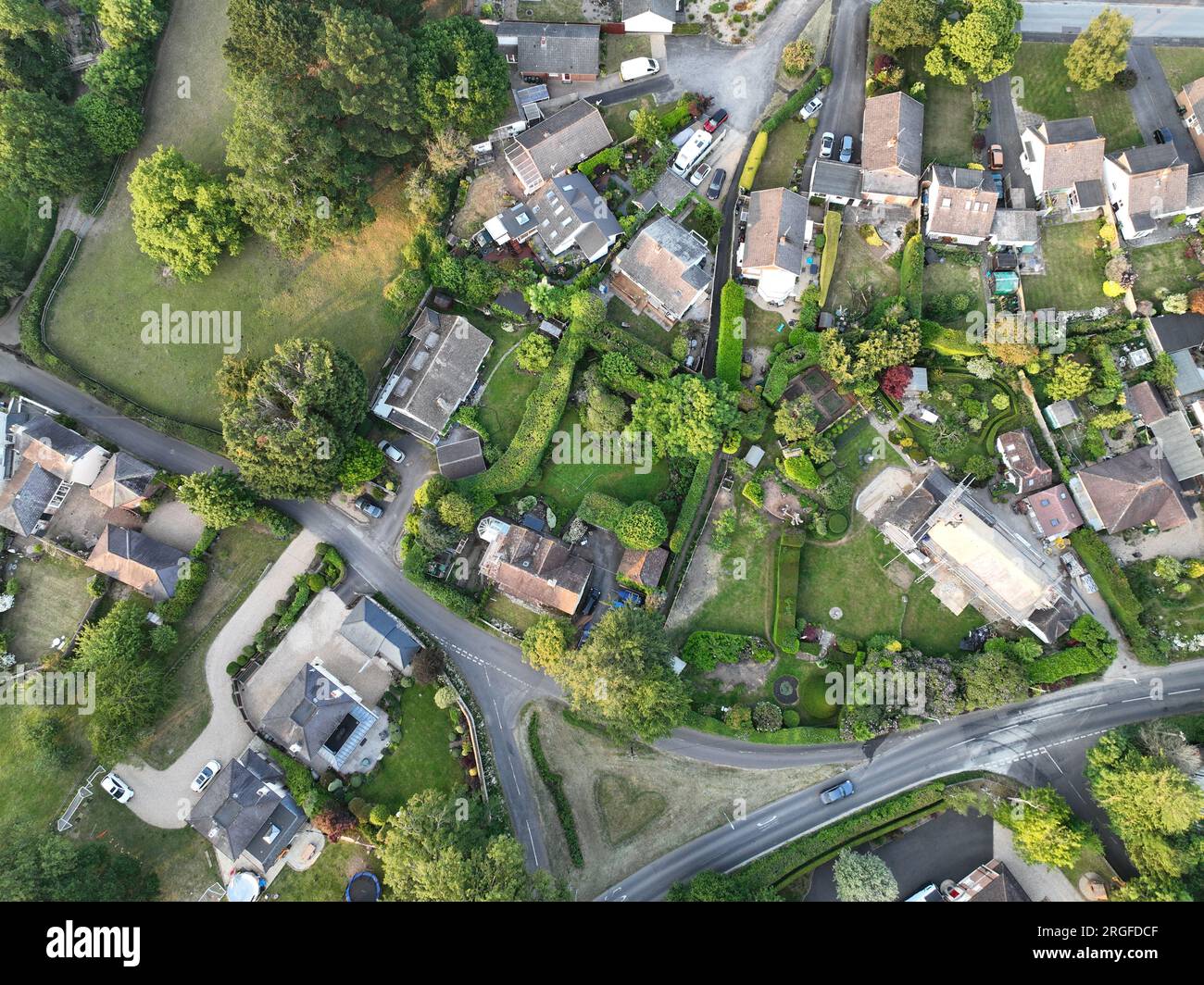 An aerial view looking down on low density lowrise housing in a semi ...