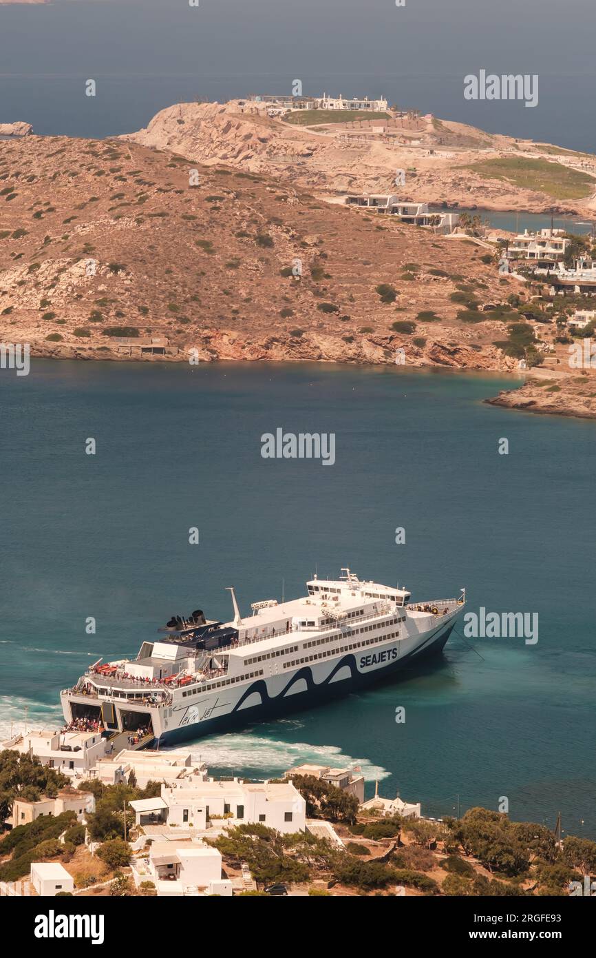 Ios, Greece - July 31, 2019 : Aerial view of a ferry boat arriving at ...