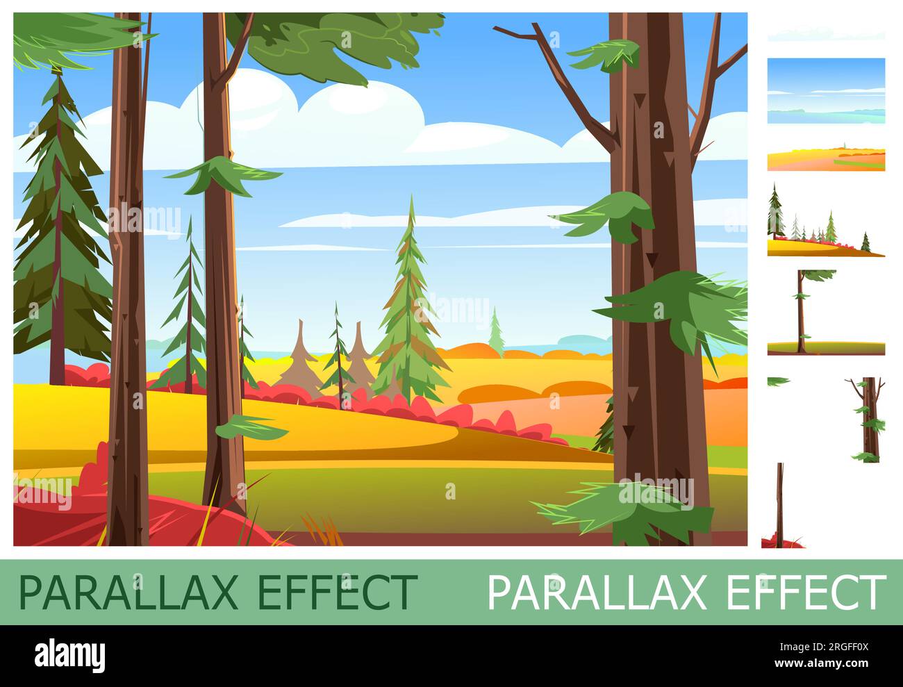 Autumn landscape in pine forest. View of rural fields. set of slides create parallax image layer ...