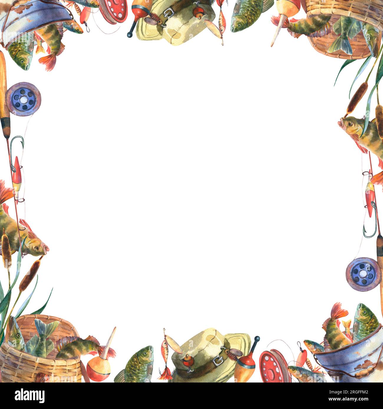 Watercolor illustration, frame with empty place for text, fishes ...