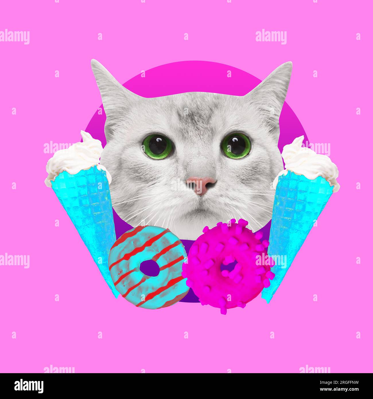 Contemporary art collage. Kitty candy lover. Cat's head with donuts and ...