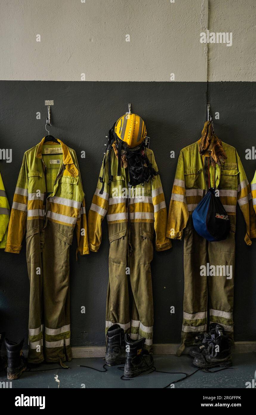 Firefighters' uniforms hanging at the Forest Firefighters' base of La ...