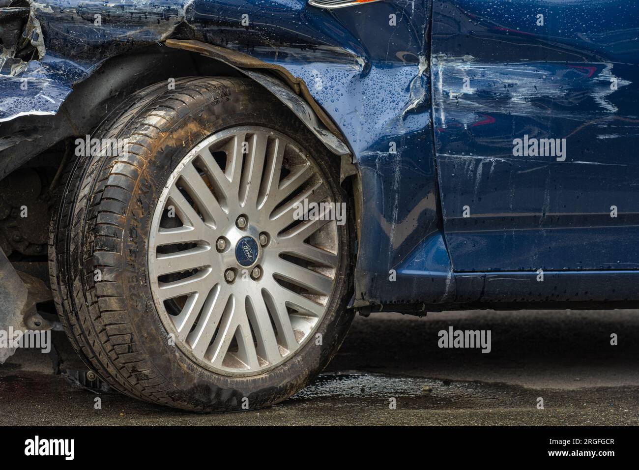 Lindesnes, Norway - August 07 2022: Details of a dark blue Ford car ...