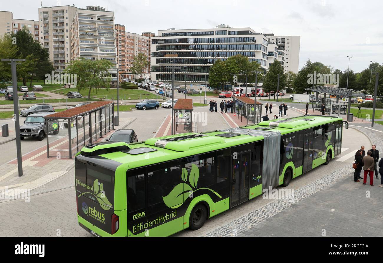 Rostock, Germany. 09th Aug, 2023. A bus pulls up to the grand opening ...