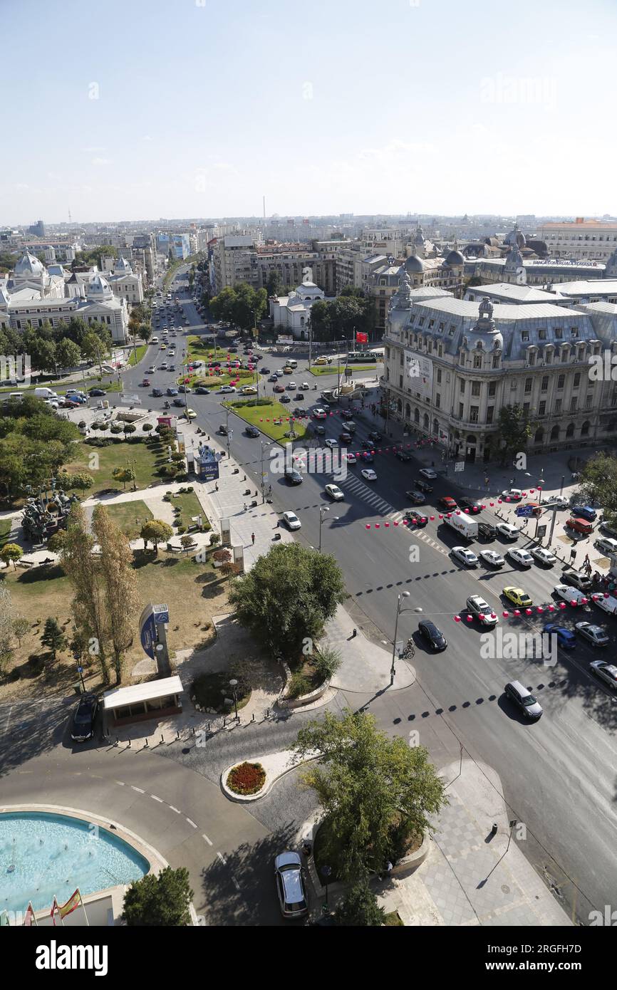 Aerial view of University Square, Piața Universității, (with traffic on ...