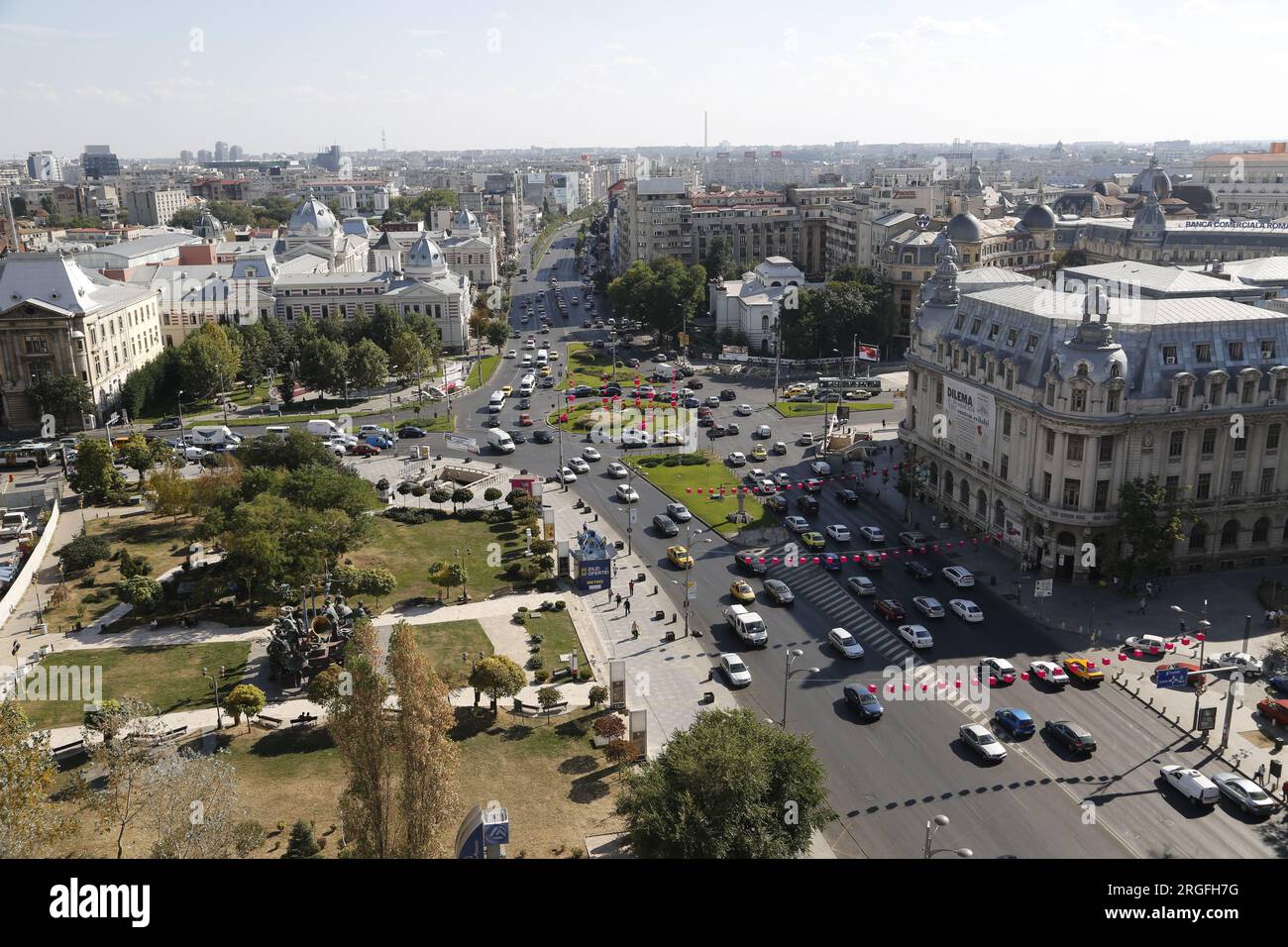 Aerial view of University Square, Piața Universității, (with traffic on ...