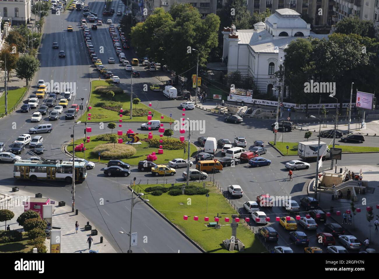 Aerial view of University Square, Piața Universității, (with traffic on ...