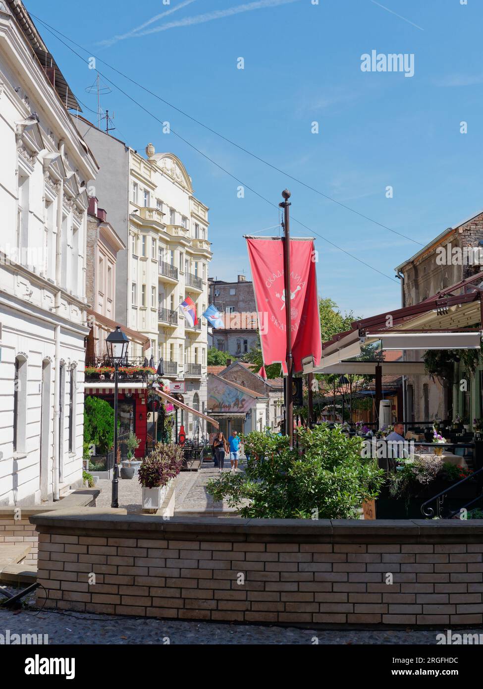 The famous bohemian cobbled Skadarlija street with cafes and ...