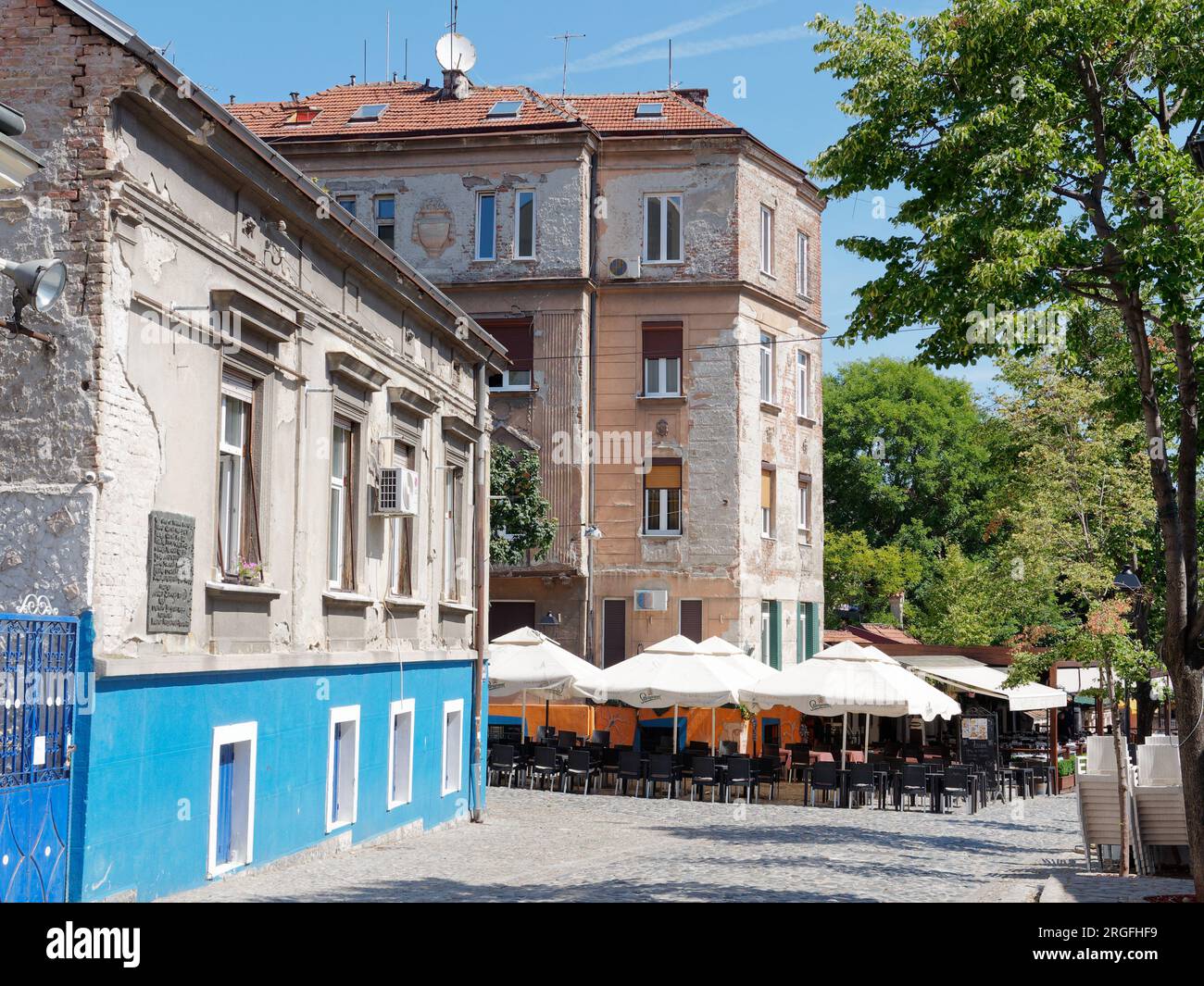 The famous bohemian cobbled Skadarlija street with cafes and ...