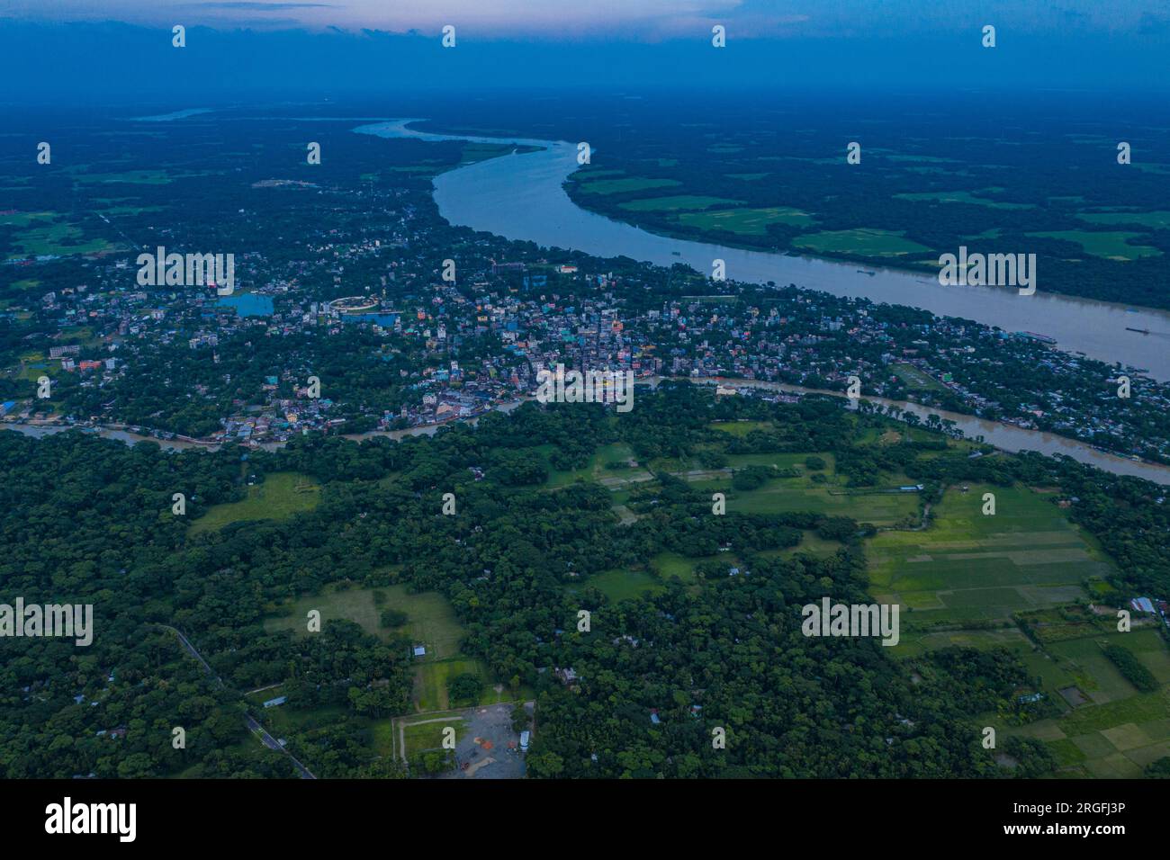Aerial view of the Jhalakathi district town between Sugondha River and ...
