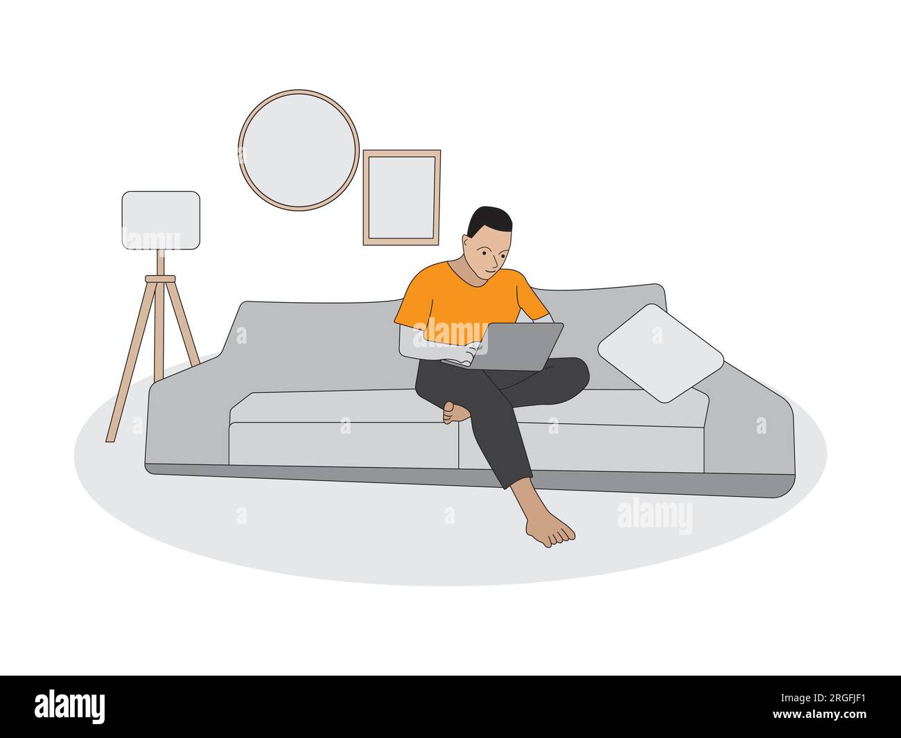 Man sitting on couch at home using laptop, coloring line art minimal ...