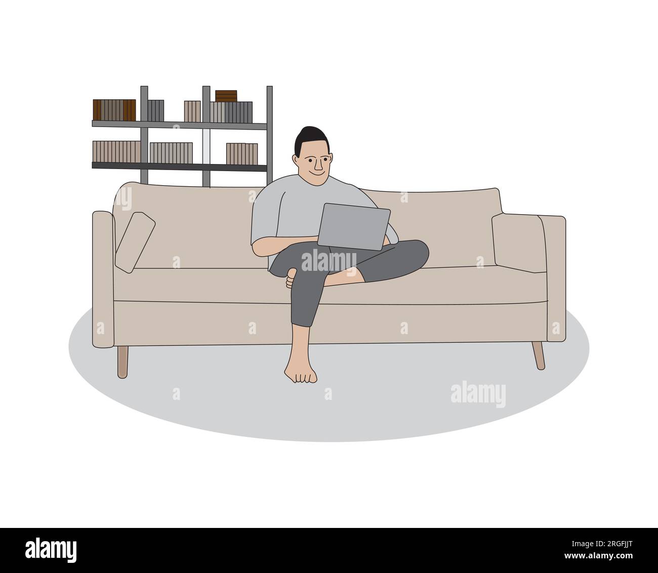 Man sitting on couch at home using laptop, coloring line art minimal ...