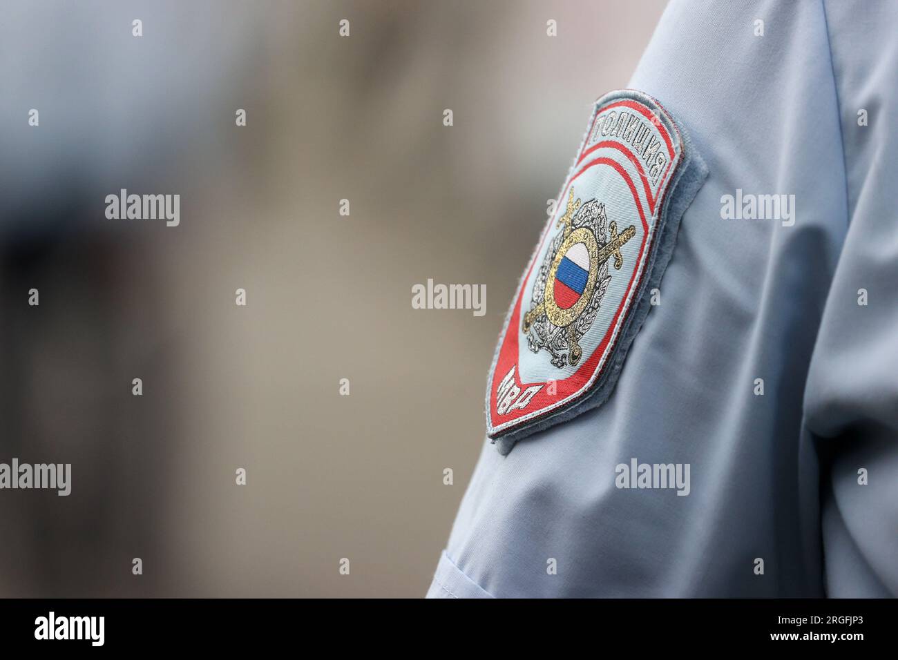 09.08.2023. Russia. Sergiev Posad. A police officer near the territory ...