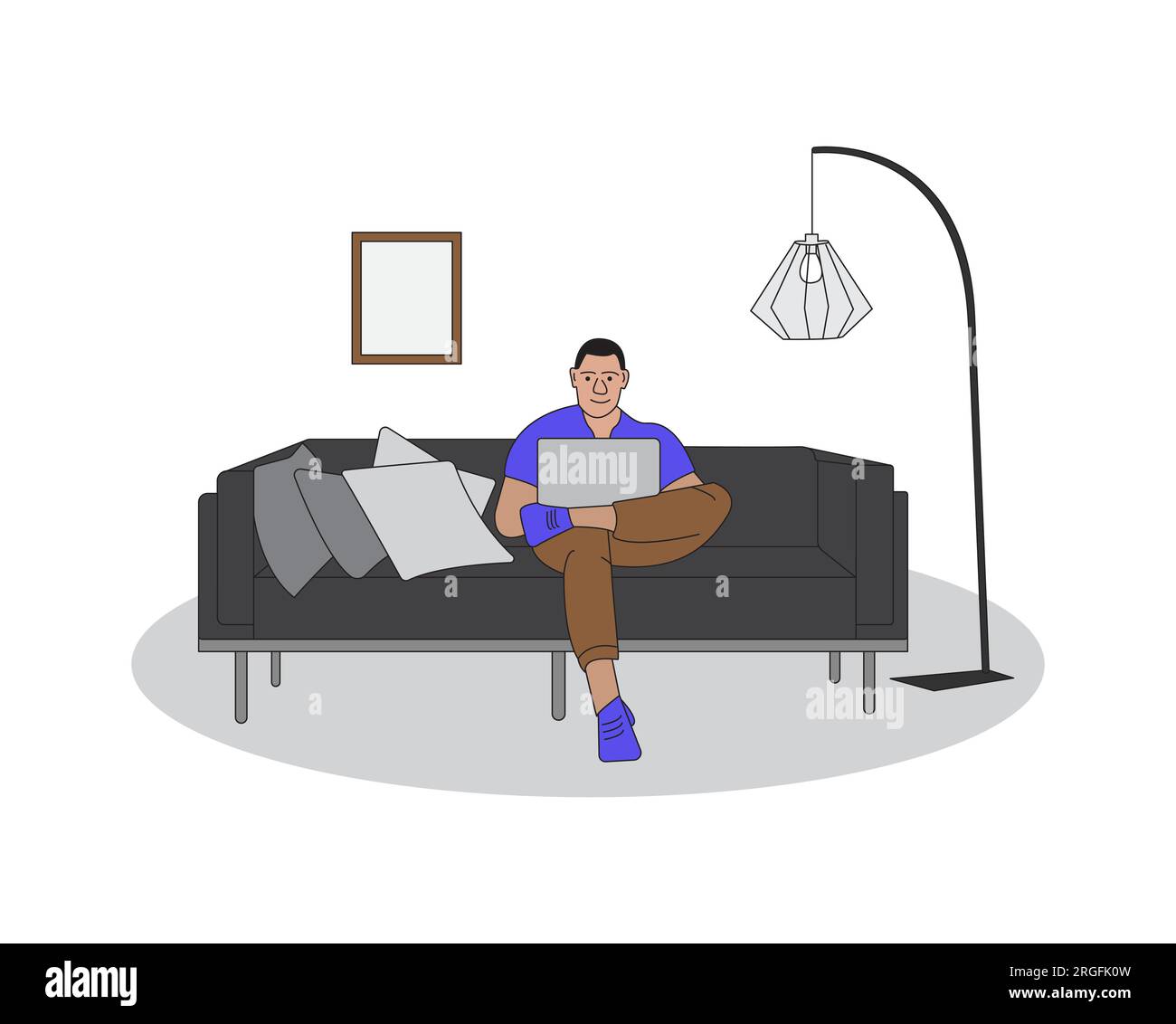 Man sitting on couch at home using laptop, coloring line art minimal ...