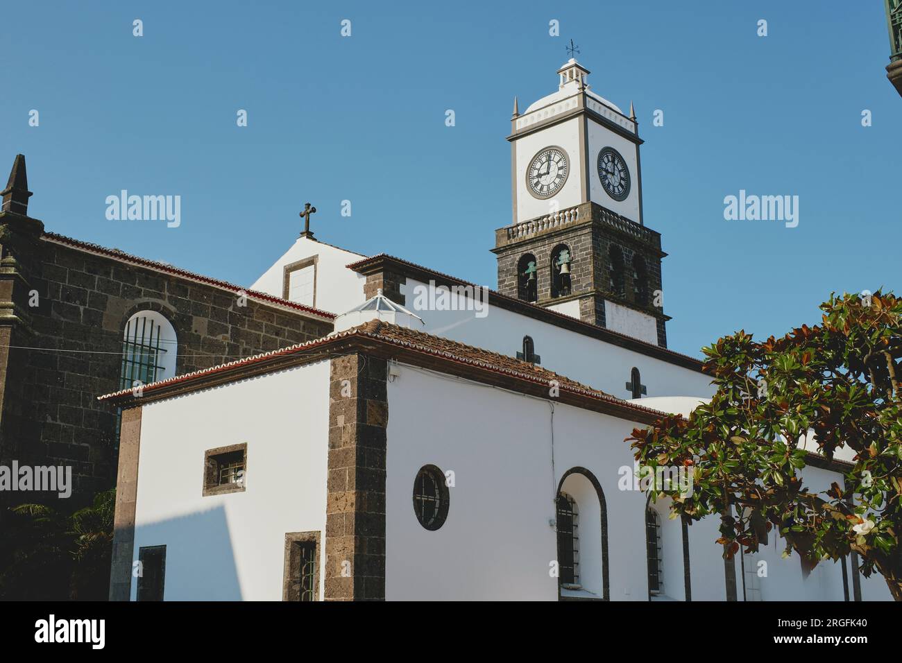 The Main Square of Ponta Delgada. Ancient architecture view with bell ...